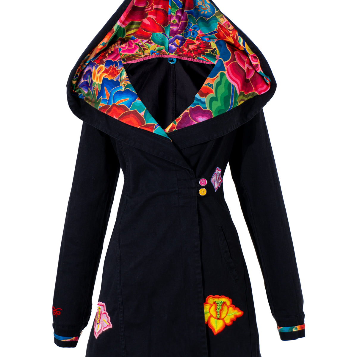 Gabardina para mujer modelo LOLA con cierre cruzado y gorro sublimado – ¡Ay Güey! México